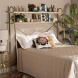 Baxton Studio Merida Glam and Luxe Brushed Gold Finished Metal and Natural Brown Finished Wood 2-Tier Over Bed Queen Size Storage Display Shelf