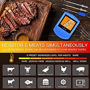 Bluetooth Meat Thermometer, Wireless BBQ Thermometer, Digital Cooking Thermometer for Grilling Smart APP Control with 6 Stainless Steel Probes, Support iOS & Android (Blue)