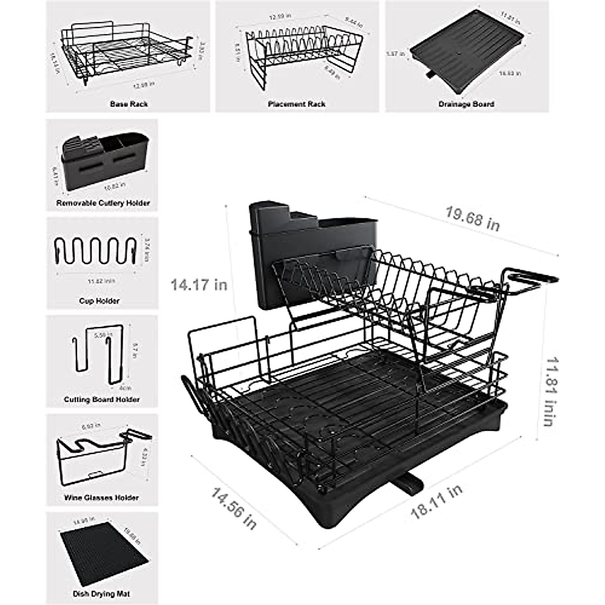MAJALiS Dish Drying Rack Drainboard Set, 2 Tier Stainless Steel Large Dish Racks with Drainage, Wine Glass Holder, Utensil Holder and Extra Drying Mat, Dish Drainers for Kitchen Counter (Black)