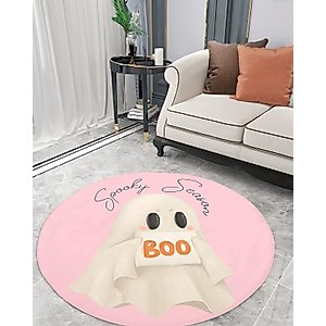 Halloween Fluffy Round Area Rug Carpets 3ft, Plush Shaggy Carpet Soft Circular Rugs, Non-Slip Fuzzy Accent Floor Mat for Living Room Bedroom Nursery Home Decor Blush Pink Cute Ghost Watercolor
