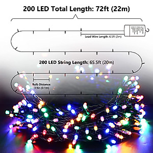 Flacchi Multi-Color Christmas Lights, 66 ft 200 LED Battery Operated String Lights Waterproof 8 Modes & Auto Timer Mini Lights for Xmas Decorations, Home, Party, Holiday Decor Outdoor Indoor