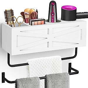 Hair Dryer Holder Wall Mount, Wood Hair Tool Organizer, White Hot Tools Organizer with 2 Towel Bars, Rustic Bathroom Organizer Blow Dryer Holder for Bathroom Decor, Flat Iron, Curling Wand, Brushes