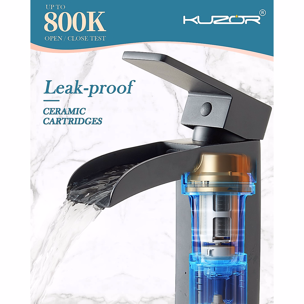 KUZOR Bathroom Faucets Single Hole Black Matte, Waterfall Matt Black Bathroom Sink Faucet One Hole with Metal Pop Up Drain, Solid Brass Square Faucet for Bathroom Vanity