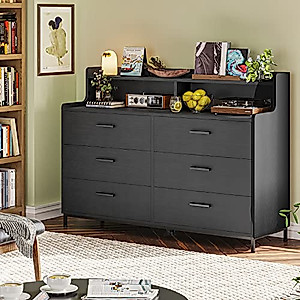 Hasuit 6 Drawers Double Dresser with Shelves, Large Wooden Storage Tower Organizer, Wide Chest of Drawers, Black Dresser for Bedroom, Living Room, Entryway