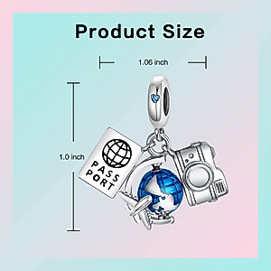 LUXILLA Airplane Passport Earth Camera Charm Silver Charms 925 Sterling Silver fits Bracelets Necklace Pendant Bead Charms Jewelry Gift for Women Family Friends
