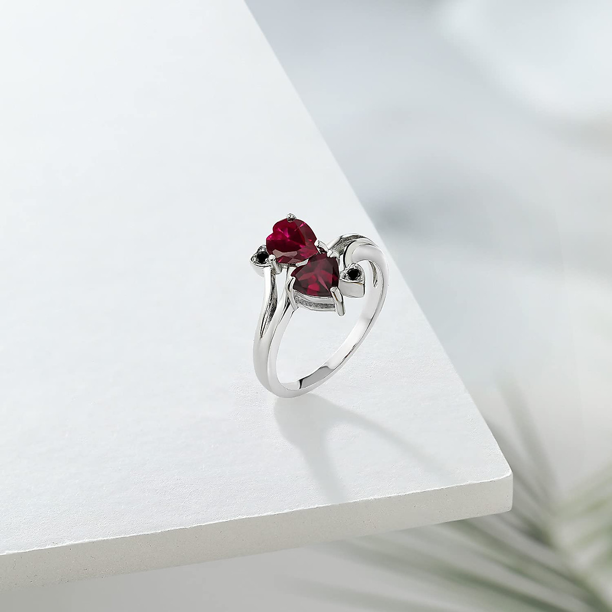 Gem Stone King 925 Sterling Silver Red Created Ruby Red Rhodolite Garnet and Black Diamond Ring For Women (1.72 Cttw, Heart Shape 6MM, Gemstone July Birthstone, Available In Size 5, 6, 7, 8, 9)