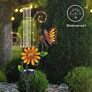 HOBYLUBY Rain Gauge Outdoor, Solar Rain Gauge with 6" Capacity Glass Butterfly for Garden, Lawn, Yard Decor