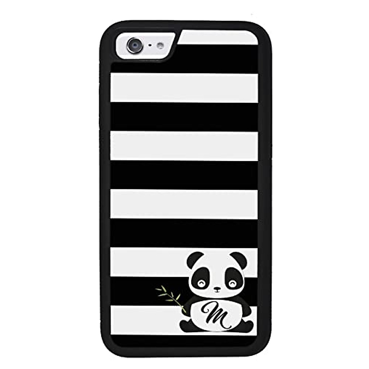 Black and White Bars Panda Personalized Apple iPhone Black Rubber Phone Case Compatible with iPhone 14 Pro Max, Pro, Max, iPhone 13 Pro Max Mini, 12 Pro Max Mini, 11 Pro Max X XS Max XR 8 7 Plus
