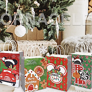 ORNACELE Christmas Gift Bags 12 Count Assorted Styles Bags Xmas Small Kraft Paper Bags with Handles Christmas Goodie Bags with Christmas Prints for Xmas Gift Wrapping Christmas Party Supplies