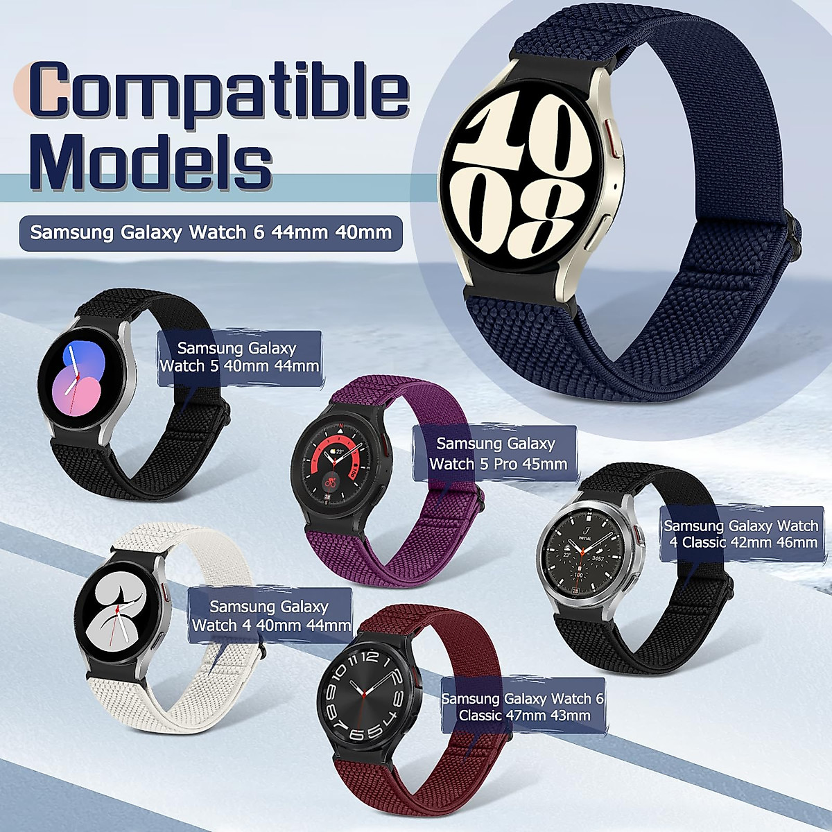 VNDAPT Elastic Bands Compatible with Samsung Galaxy Watch 5/4/6 40mm 44mm, Galaxy Watch 6 Classic 43mm 47mm, Galaxy Watch 5 Pro 45mm, Galaxy Watch 4 Classic 46mm 42mm, Adjustable Nylon Sport Straps