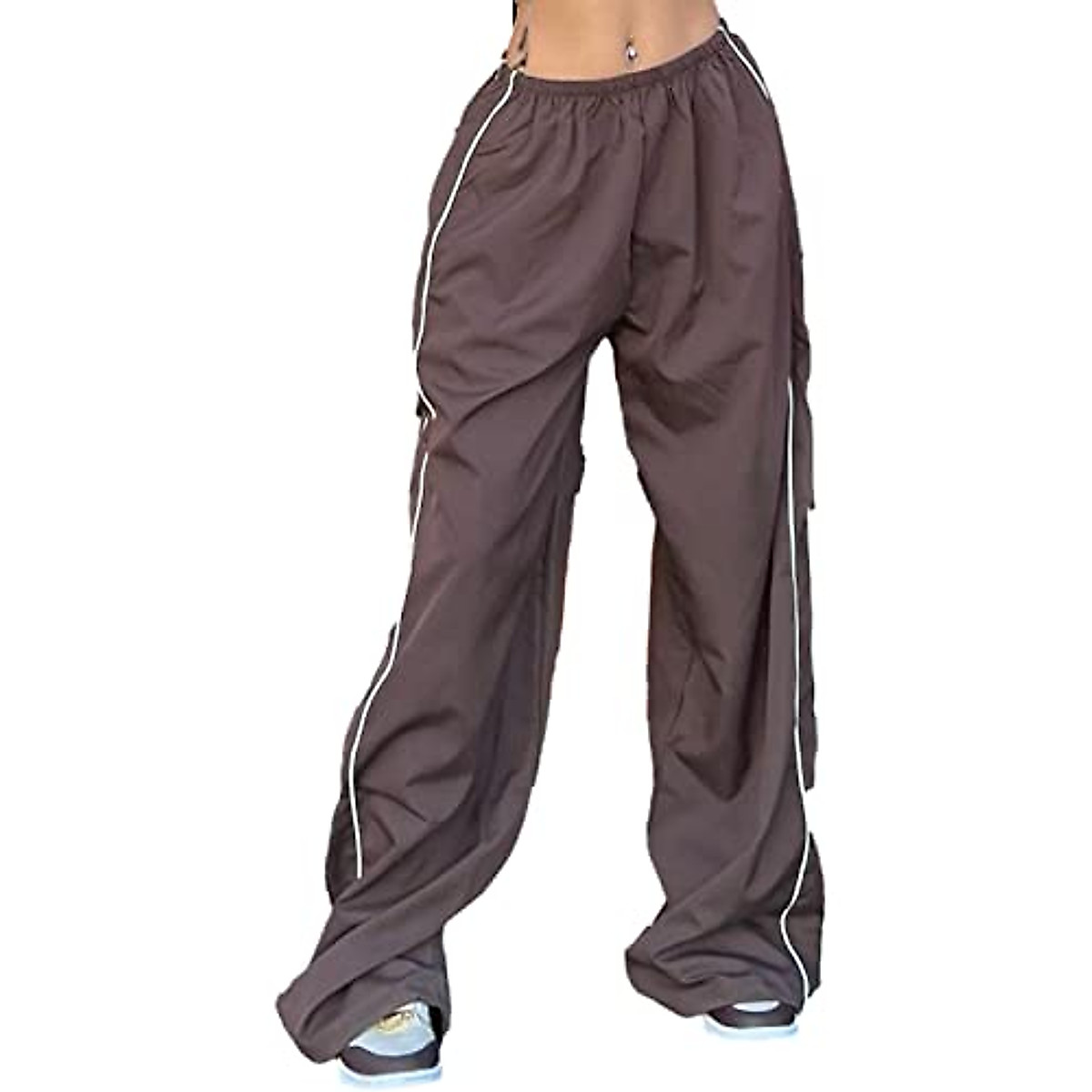 Shebote Womens Parachute Pants Wide Leg Baggy Pants Y2K Elastic Waist Jogger Sweatpants Track Pants Streetwear(0046-Coffee-S)