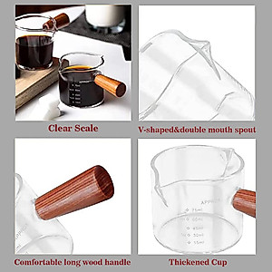 1 Pack Double Spouts Measuring Triple Pitcher Milk Cup 75ML Espresso Shot Glasses Parts Clear Glass with Wood Handle