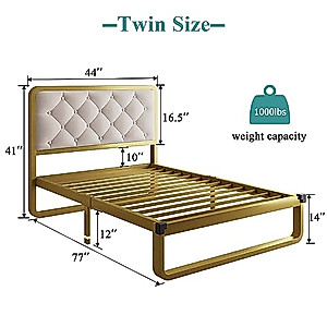 iPormis Twin Size Metal Bed Frame with Velvet Button Tufted Headboard, Curved Platform Frame, Thicker Steel Slats Support, 12'' Under-Bed Space, Noise-Free, Easy Assembly, Gold & Beige