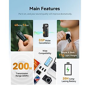 Hollyland Lark M1 Wireless Lavalier Microphone with Noise Cancellation, 656ft Transmission,8H Battery Life, Compact Wireless Lapel Microphone System for DSLR Cameras/iPhone/Android/Live Streaming