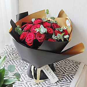 YEXEXINM 40pcs Double Sided Gold Black Flower Wrapping Paper, 22.8X22.8 Inch Waterproof Floral Wrapping Paper Sheets Florist Bouquet Supplies Packaging Paper for Wedding Engagement DIY Crafts Gift