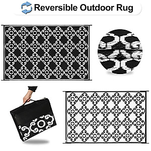 OutdoorLines Outdoor Reversible Rugs for Patio 4x6 ft - Outside Plastic Carpet, Stain & UV Resistant Portable RV Mat, Straw Rug for Camping, Backyard, Deck, Picnic, Porch Moroccan Flower Black & White
