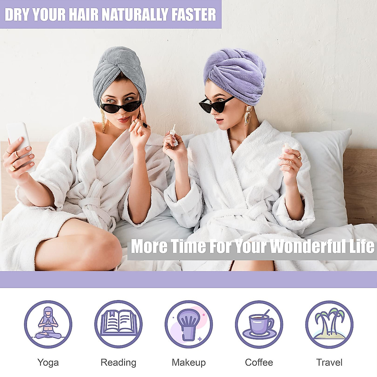 Poyday Microfiber Hair Towel Drying Wrap: 2Pack Head Dry Towel Twist Drying Turban Anti Frizz Long Quick Rapid Absorbent Women Wet Plopping Curly Hair Towel Twisty for Girls Kids Button(Gray/Purple)