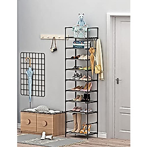 Wodeer Shoe Rack,10 Tiers Tall Free Standing Shoe Racks,Narrow Shoe Storage 20-24 Pairs Shoes, Space-Saving Shoe Shelf Organizer for Closet,Entryway,Metal Frame&Non-Woven Shelves,Black.