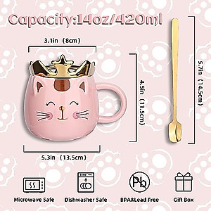 DONGSHANGIFT Cute Cat Mug Set of 4 Crown with Cell Phone Holder Lid for Lovers Ceramic Coffee Cups Women Girls Christmas Birthday Gift 14oz/420ml (4pcs Black White Pink Gray)