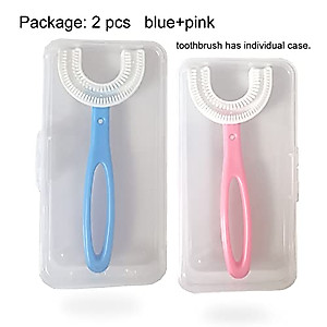 Tuaaivl Manual Toothbrushes for Kids 6-12 Years, 2PCS Kids Toothbrushes U Shape with Travel Case, Easy-Using 360° Oral Cleaning Manual Training Toothbrushes for Kids. (Blue+Pink)