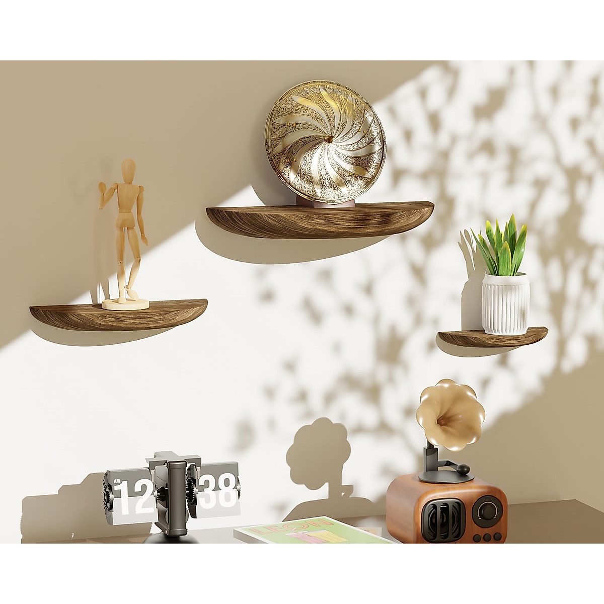 QsQueen Solid Wood Half Round Floating Wall Shelves | Elegant Floating Shelves, Elevate Your Space. Perfect for Living Rooms, Bathrooms, Bedrooms, Offices, Children's Rooms