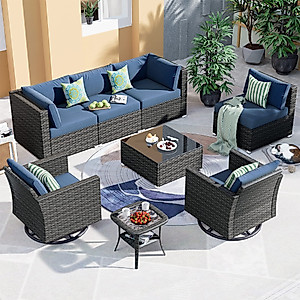 XIZZI Outdoor Furniture Patio Sectional Sofa Swivel Rocking Chairs 8 Piece All Weather PE Rattan Wicker Conversation Sets with Coffee and Side Table for Backyard Deck Garden,Denim Blue