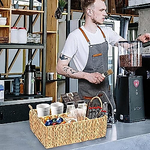 ECO 5 Water Hyacinth Large Rectangle Storage Basket, Coffee Station Organizer, 4 Dividers Basket Hand Woven with Handle, Organizing Wicker Basket for Pantry, Office, Home Décor, ‎16"D x 11"W x 5.5"H