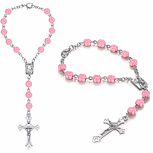 Konohan 2 Pieces Car Rosary Rearview Mirror Auto Rosary Religious Car Mirror Hanging Accessories for Automotive Personalized Protection Charm for Auto Decors(Rose,Pink)