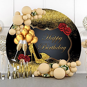 Black Gold High Heel Round Backdrop Luxury Glistering Champagne Rose Balloons 20th 30th 40th 50th 60th Happy Birthday Backdrop 6.5x6.5ft Photo Studio Booth Background