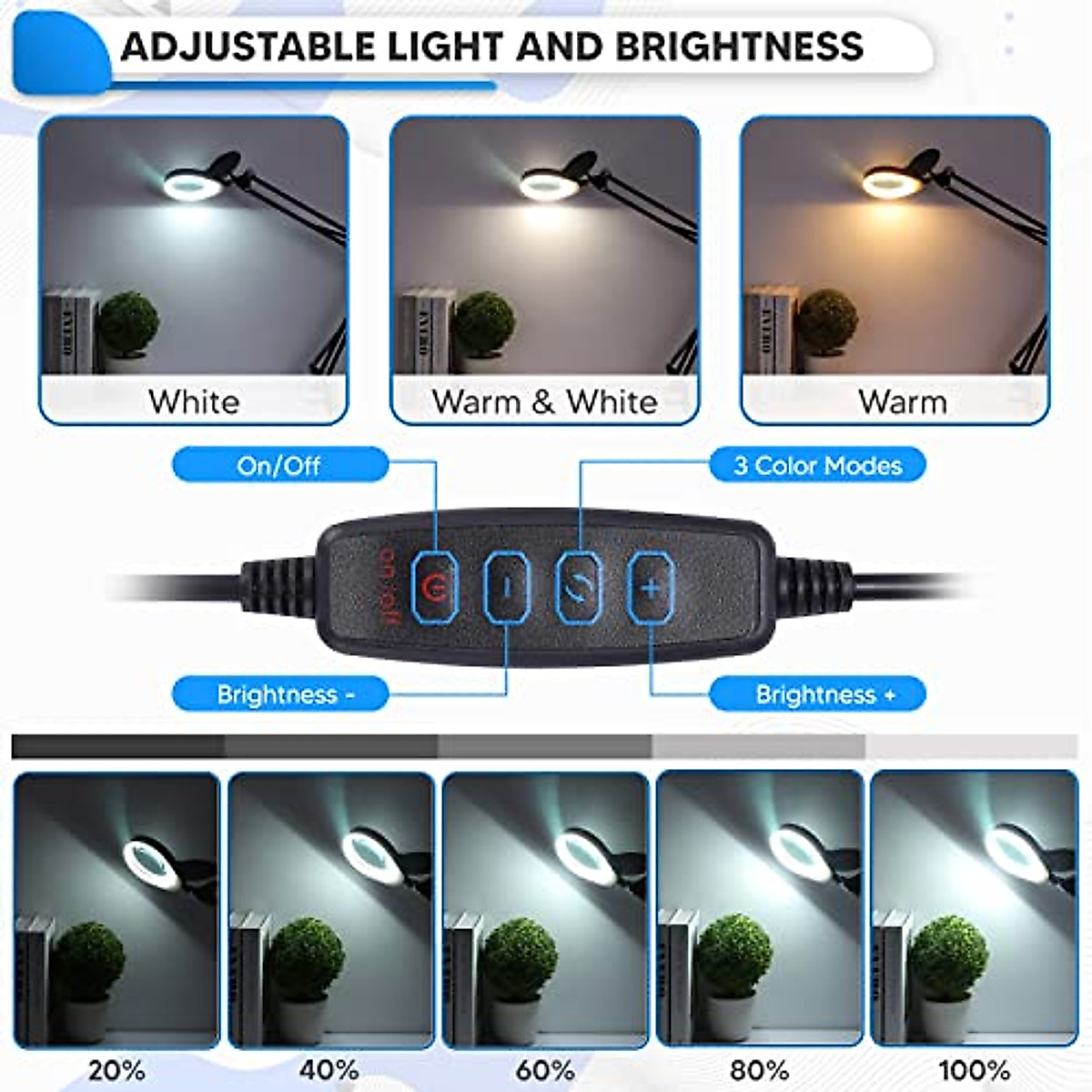 YOCTOSUN Magnifying Desk Lamp with Clamp, 5X Real Glass Lens, 3 Color Modes Stepless Dimmable, Adjustable Arm Magnifying Glass with Light and Stand for Reading, Painting, Sewing & Crafts