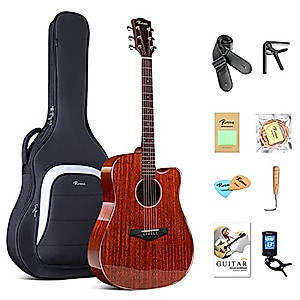 Rosen G31 Dreadnought Acoustic Guitar Soild Mahogany Top 41 Inch Guitarra Full Size Cutaway with Gloss Finish Bundle Starter Kit with Gig Bag, Tuner, Strings, Strap, and Picks