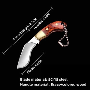 SZHOWORLD Ultra Small Fixed Blade Knife, 1.5inch 5Cr15 Stainless Steel Blade with Brass+Colored Wood Handle, Mini Creative Knife/Box Cutter with Leather Sheath for Every Day Carry (Red brown)