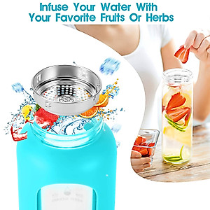 SipZest 32 oz Glass Water Bottles with Straw - Motivational Glass Water Bottle with Time Marker & Silicone Sleeve - Reusable Glass Tumbler Includes 2 Bamboo Lids & Fruit Infuser - 1 Pack