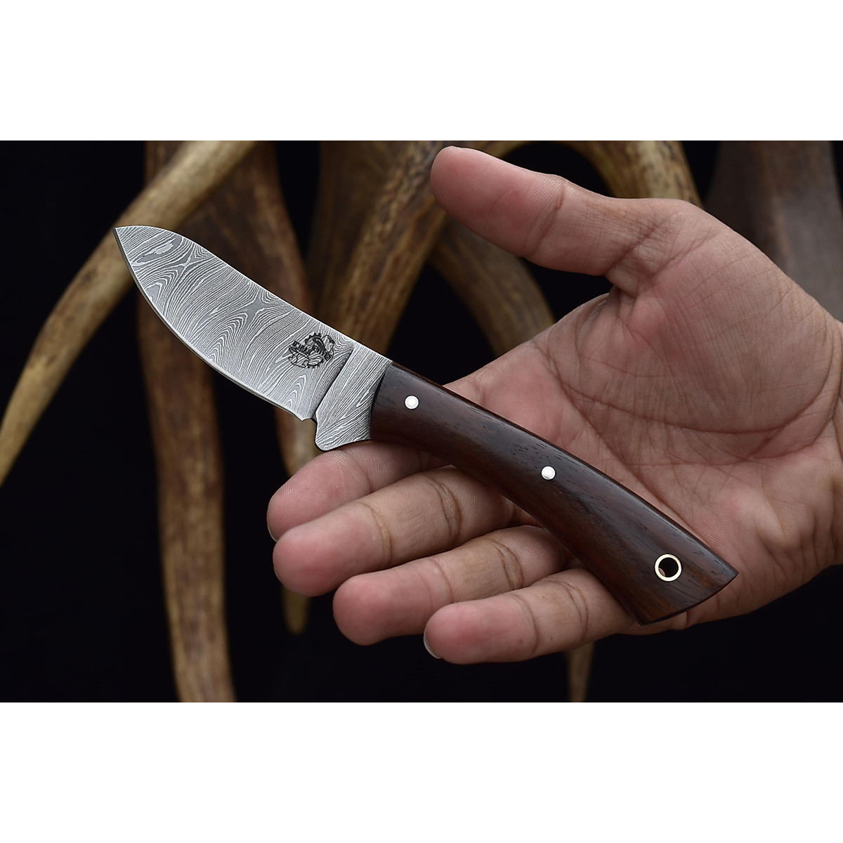 Knives Ranch Damascus Skinning Knife, Fixed Blade Hunting Knife with Rosewood Handle and Heavy-Duty Dual Horizontal/Vertical Sheath (3129-IRW)