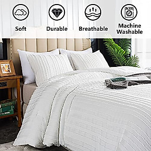 Andency White Queen Size Comforter Set, 3 Pieces Boho Tufted Striped Bedding Comforter Set for Queen Bed, All Season Lightweight Soft Fluffy Microfiber Bed Set