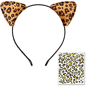 Funcredible Cheetah Ears Headband with Face Tattoos - Leopard Ears Accessory for Women and Kids