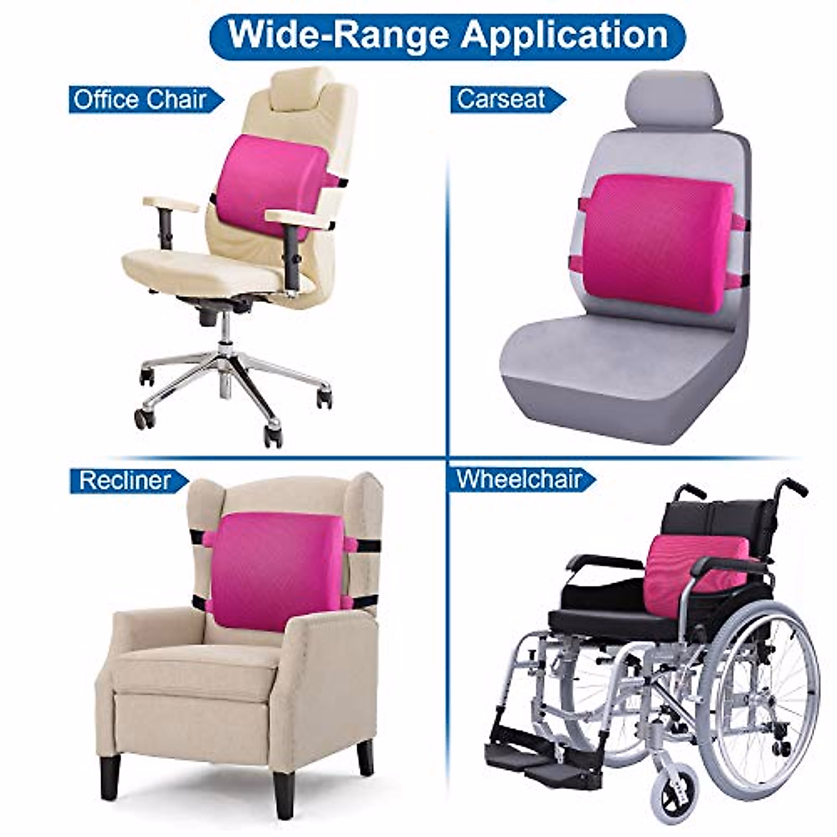 LOVEHOME Lumbar Support Pillow for Chair and Car, Back Support for Office Chair Memory Foam Cushion with Mesh Cover for Back Pain Relief - Pink