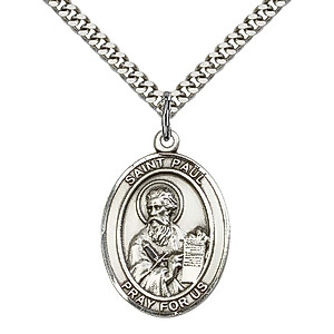 F A Dumont Sterling Silver St. Paul The Apostle Pendant with 24" Stainless Steel Heavy Curb Chain. Patron Saint of Publishers/Reporters