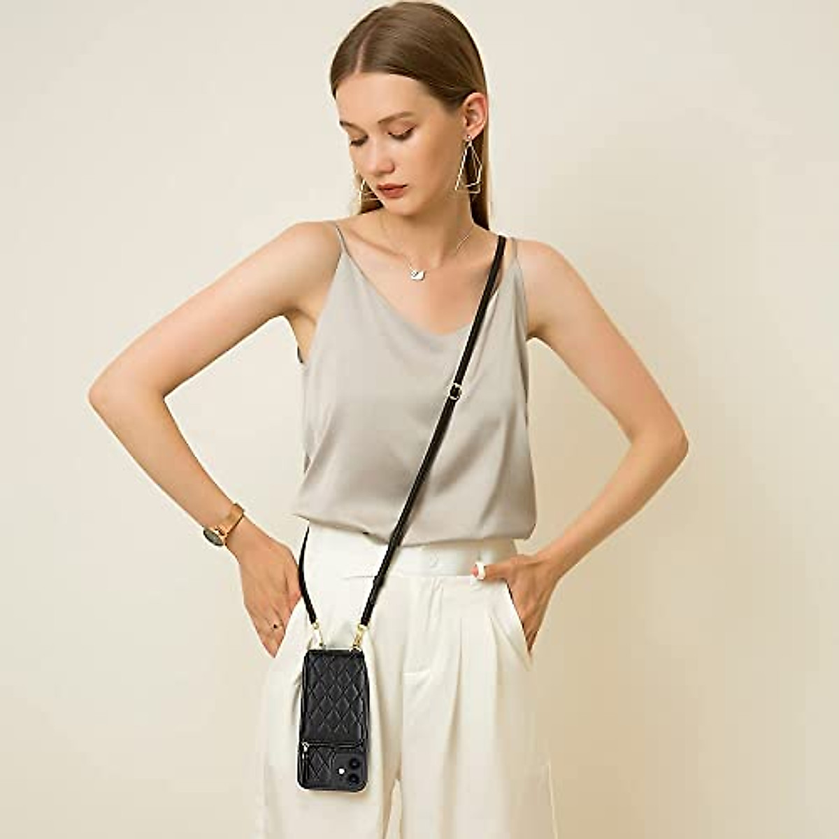 LAMEEKU Designed for iPhone 11 Wallet Case, Case Wallet with Crosbody Leather Strap & Gold Chain Strap Compatible for iPhone 11-Black