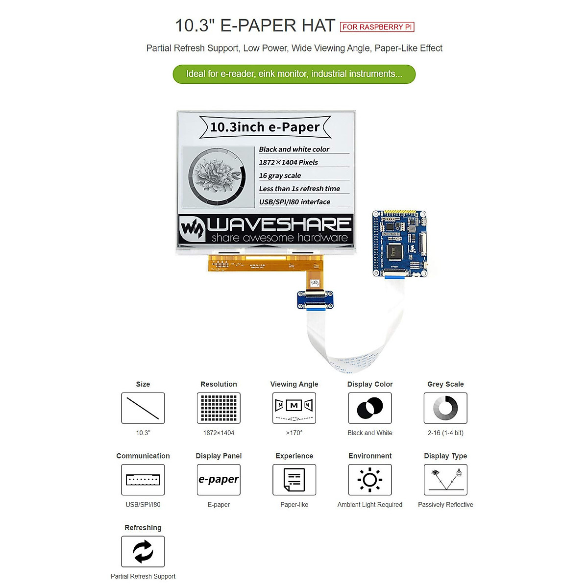 Coolwell Waveshare 10.3inch E-Paper E-Ink Display HAT for Raspberry Pi Series, 1872×1404 Pixels,2-16 Grey Scales, USB/SPI/I80 Interface