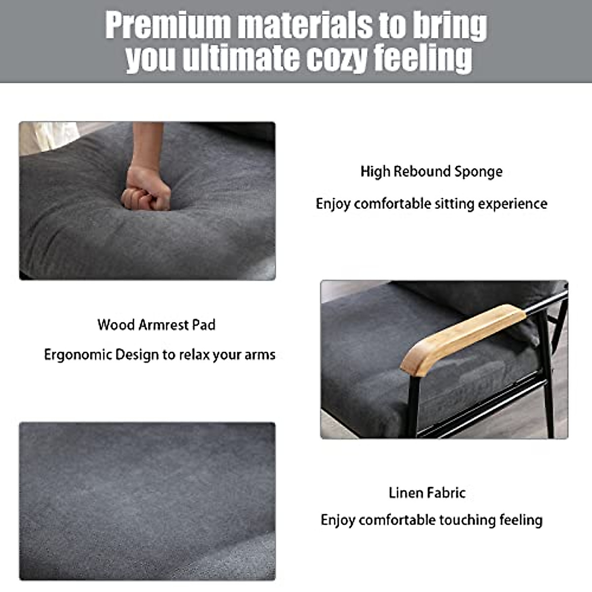 INZOY Mid Century Modern Love Seat Sofa with Removable Backrest and Cushion, Uplostered 2 Seat Office Couch for Small Place Bedroom, Metal Frame and Slight Adjustable Feet, Easy to Clean, 44" W Grey