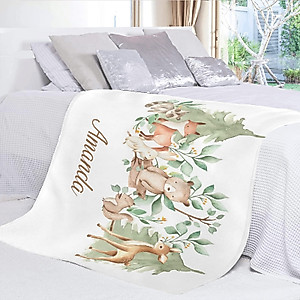 Animals Woodland Forest Personalized Baby Blanket for Girls Boys with Name Custom Soft Fleece Swadding Blankets 30'' x 40'' for Newborn Baby Infants Kids