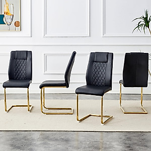 Modern Dining Chairs Set of 4, PU Leather Dining Chairs High Back Upholstered Chairs Ergonomics Dining Chairs with Gold Metal Leg for Kitchens,Living Rooms,Bedrooms,Offices (Black)