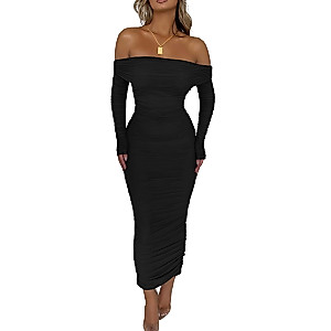 PRETTYGARDEN Women's Fall Off Shoulder Maxi Bodycon Dress Long Sleeve Ruched Fitted Club Dresses with Slit (Black,Small)