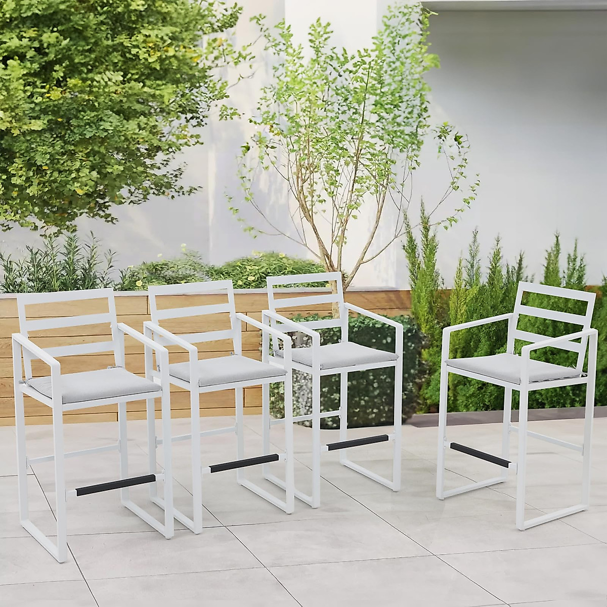 SUNSITT Outdoor Bar Stools Set of 4, All-Weather Aluminum Barstools Bar Height Patio Chairs w/Cushions & Footrest for Backyard Balcony Pool Lawn, White