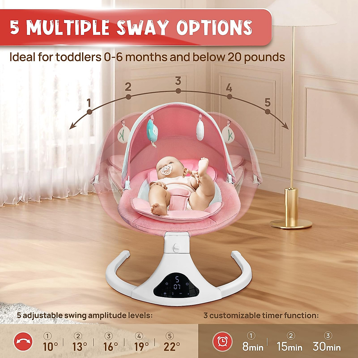 Baby Swing for Infants,Electric Portable Swing for Baby Boy Girl,Remote Control Indoor Baby Rocker with 5 Sway Speeds,3 Timer Settings,12 Music and Bluetooth.(Pink)