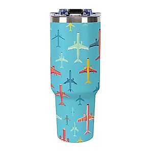 Colorful Airplanes Insulated Tumbler with Lid And Straw Stainless Steel Travel Coffee Mug 40oz Violet-style