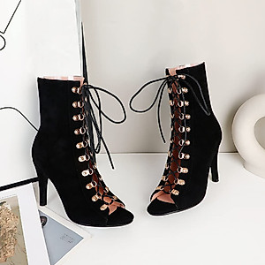 TINRYMX Women Open Toe Dance Boots Lace Up High Heel Boots Ankle Booties Latin Dance Shoes, DSB95-Black-9.5, 6.5(M) US