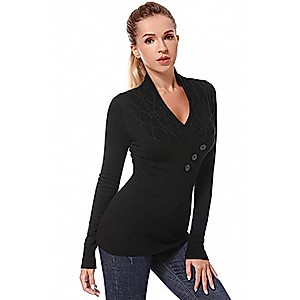 AmélieBoutik Women Crossover Cable Knit V Neck Long Sleeve Pullover Sweater (Black Medium)