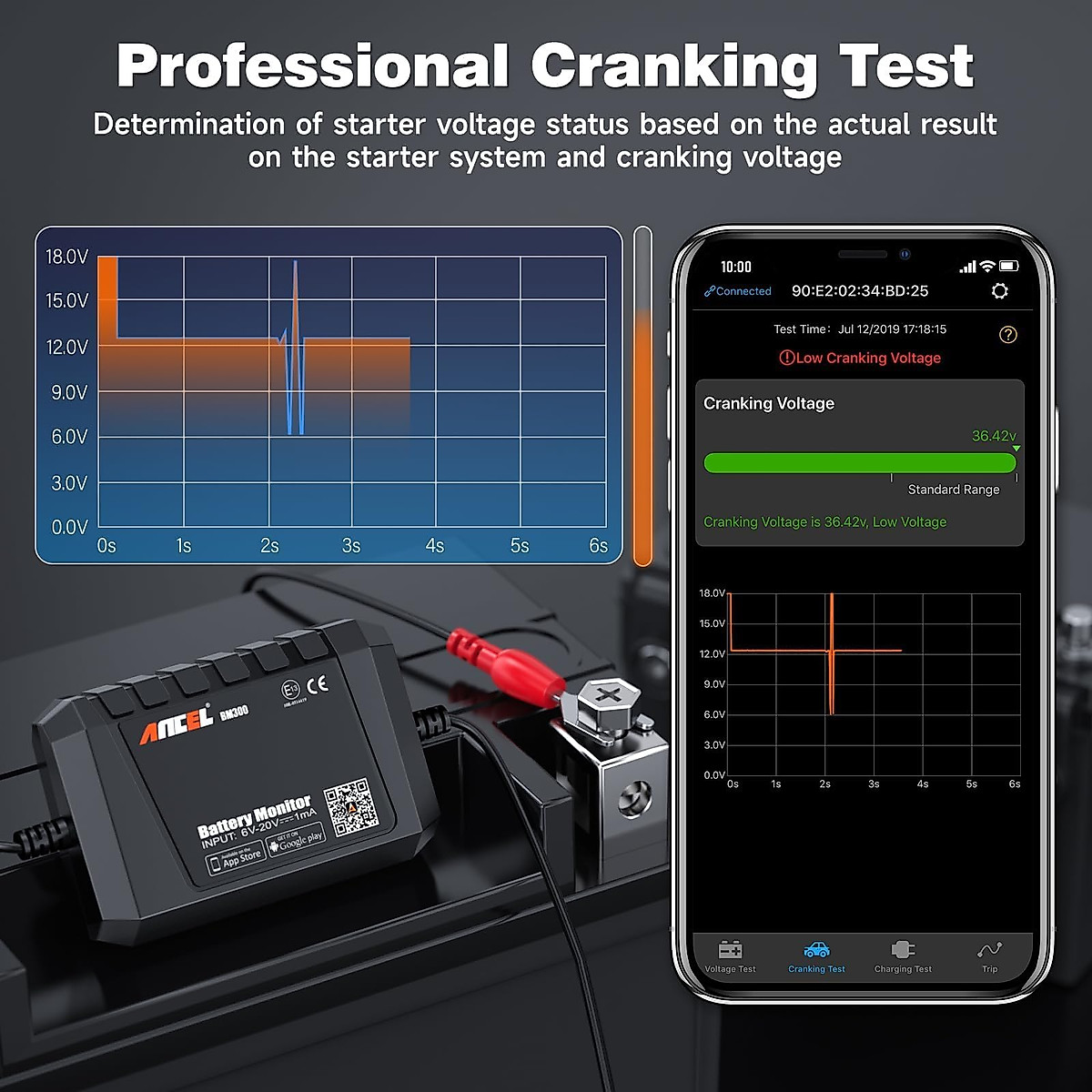 ANCEL BM300 12V Battery Monitor - Bluetooth 4.0 Automotive Voltmeter with Charging, Cranking System Test & Alarm - Compatible for Solar Power Systems, RVs, Motorcycles, Boats, Cars, and Trucks